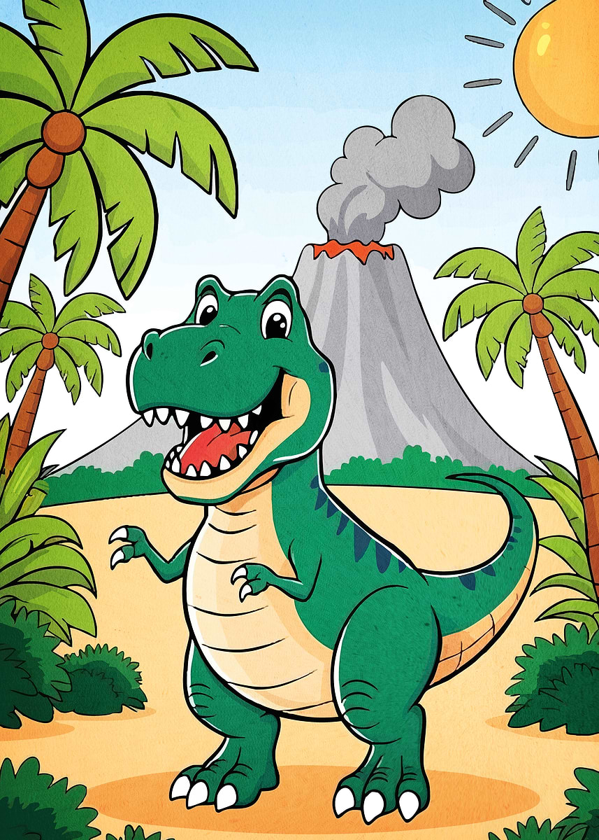 'Cartoon Dinosaur Volcano' Poster, picture, metal print, paint by ...