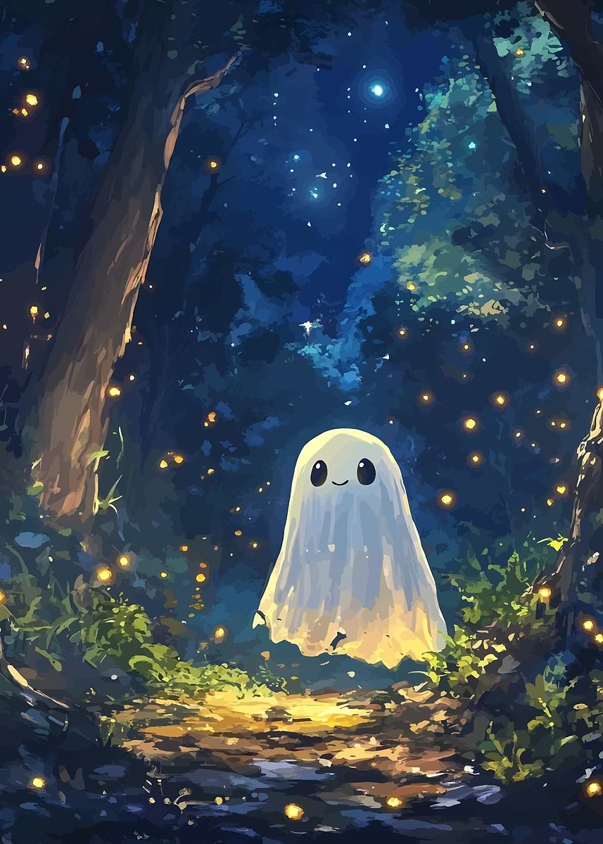 'Cute Ghost in Enchanted Forest' Poster, picture, metal print, paint by ...