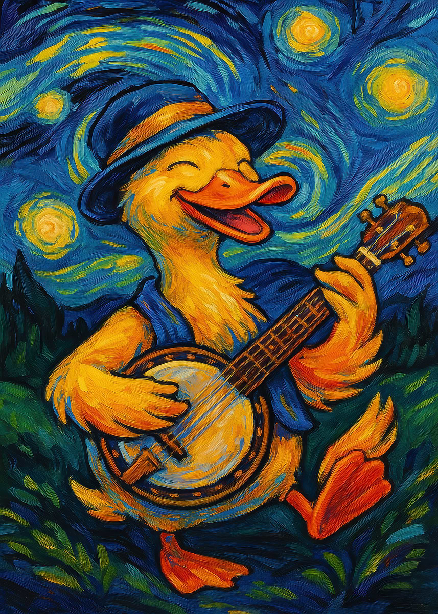 'Duck playing banjo in Van Gogh style' Poster, picture, metal print ...