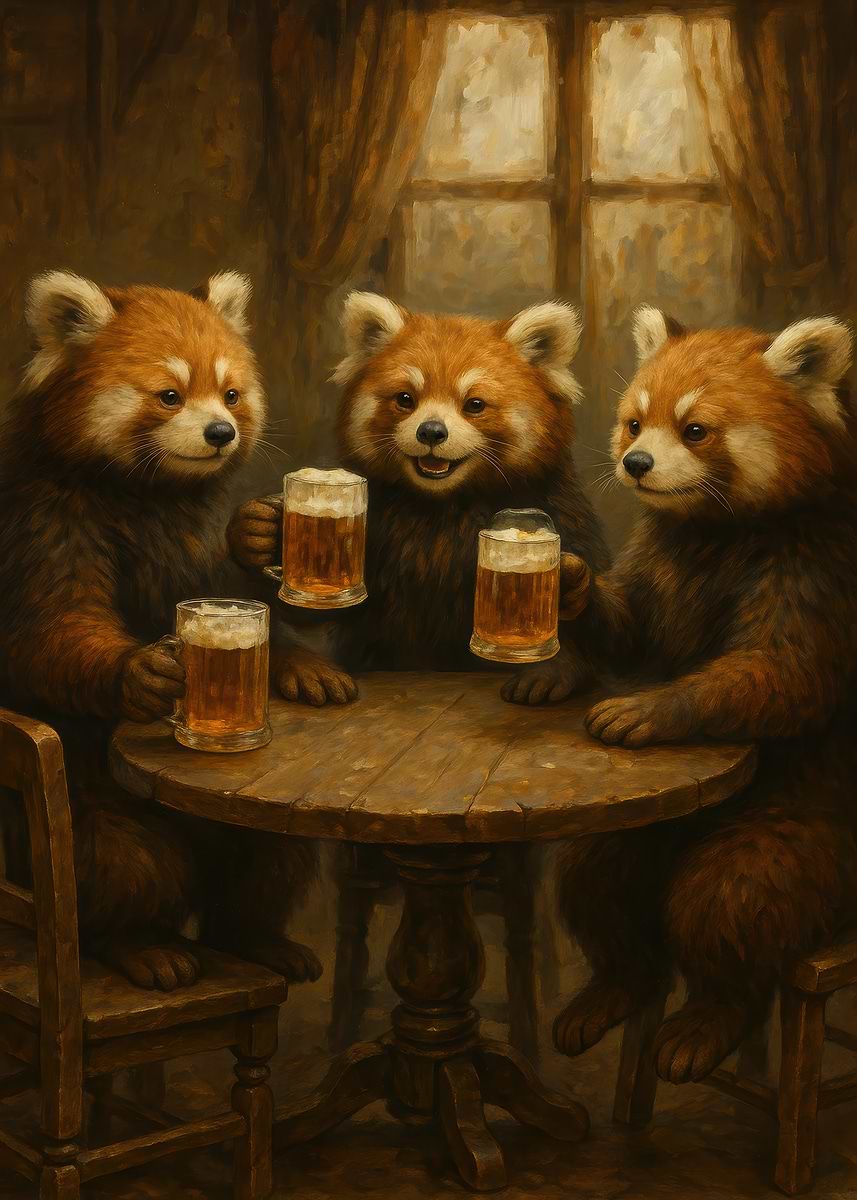 'Red Pandas Drinking Beer at Pub' Poster, picture, metal print, paint ...