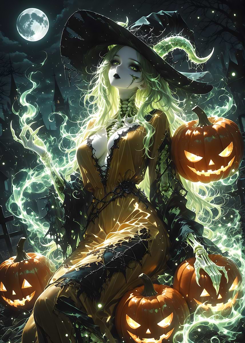 'Halloween Witch with Pumpkins' Poster, picture, metal print, paint by ...