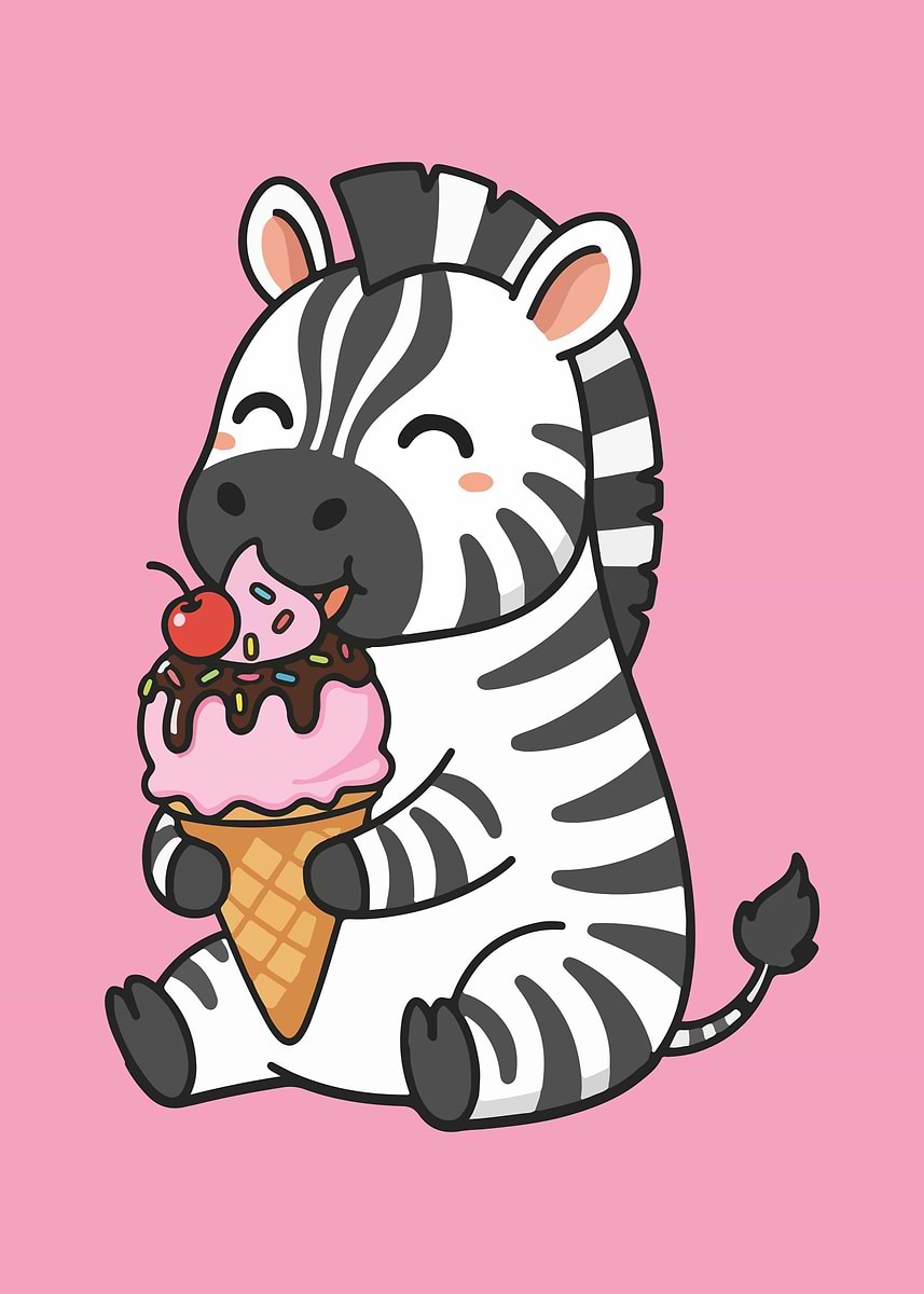 'Cute Zebra Eating Ice Cream Cartoon' Poster, picture, metal print ...