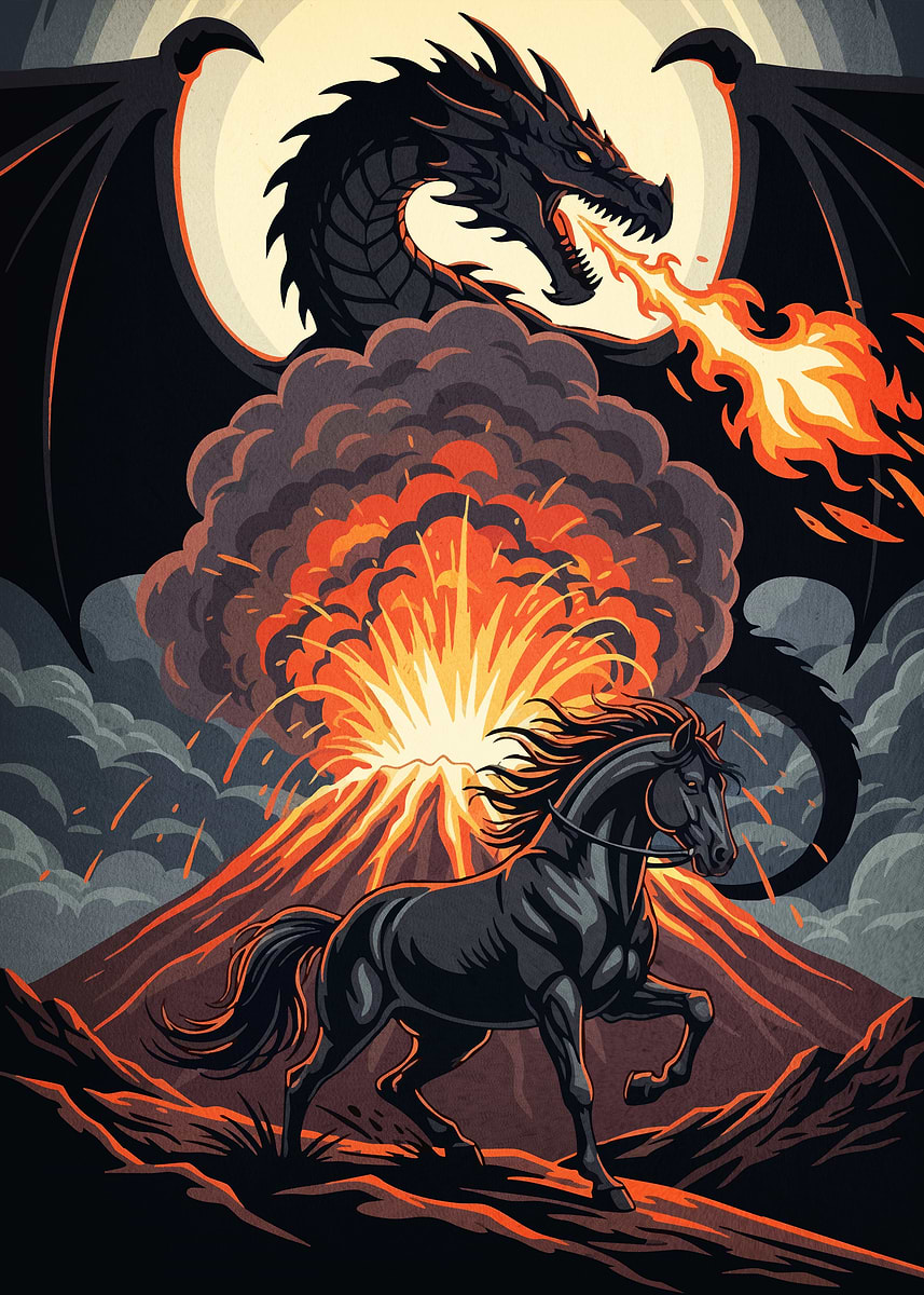 'Dragon Horse Volcano ' Poster, picture, metal print, paint by Melinda ...