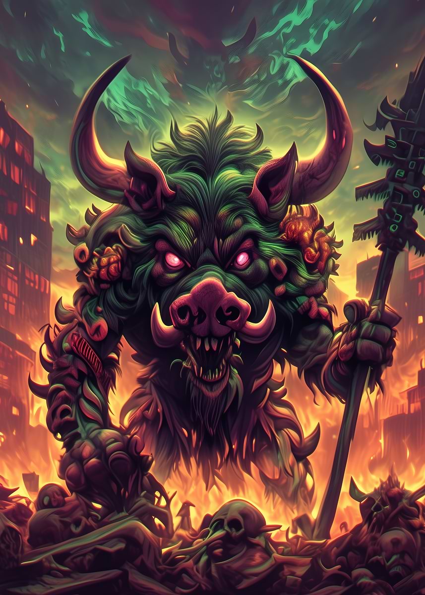 'Wild Monster Boar in Burning Cityscape' Poster, picture, metal print ...