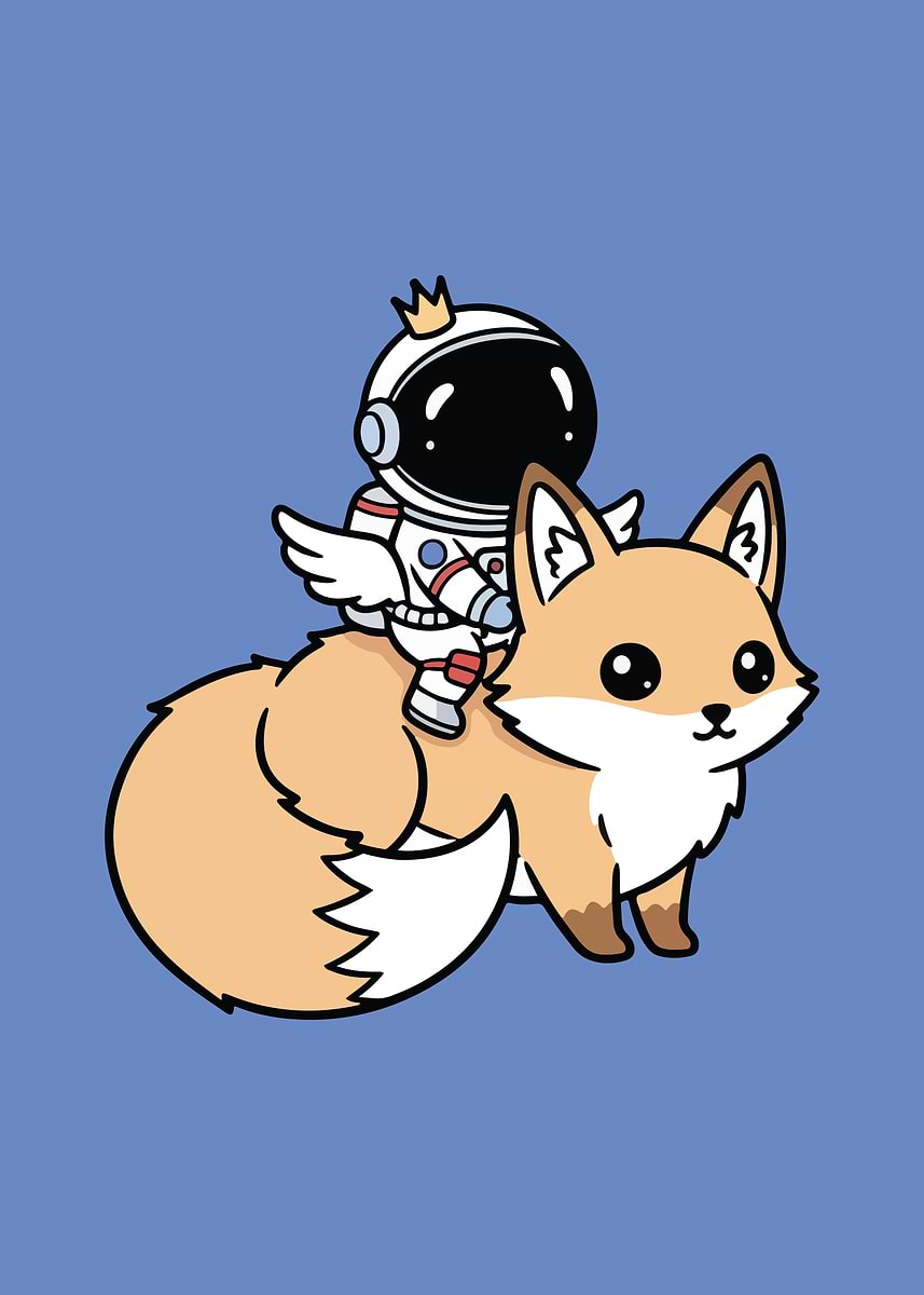 'Astronaut Fox Ride Cartoon Illustration' Poster, picture, metal print ...