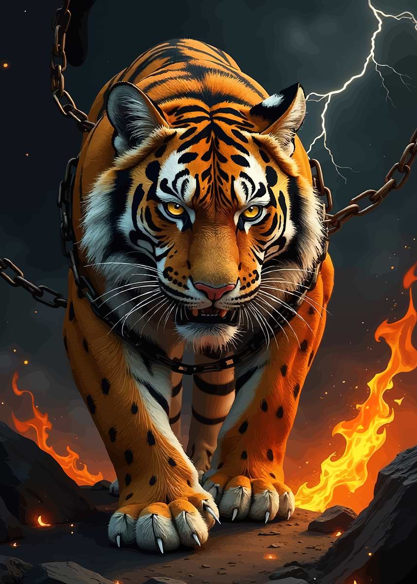 'Chained Tiger Fiery Landscape' Poster, picture, metal print, paint by ...