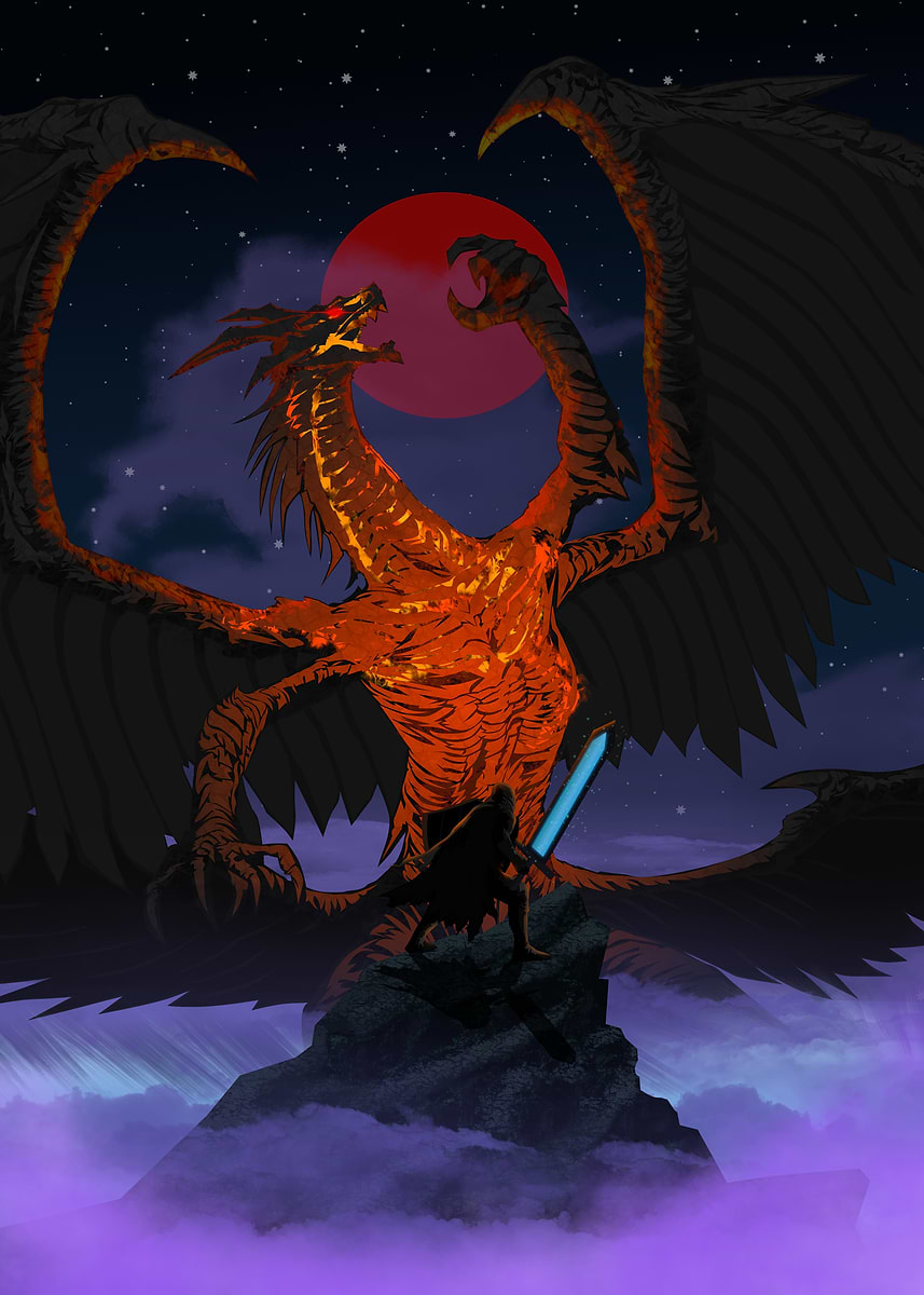 'Dragon and Warrior under Red Moon' Poster, picture, metal print, paint ...