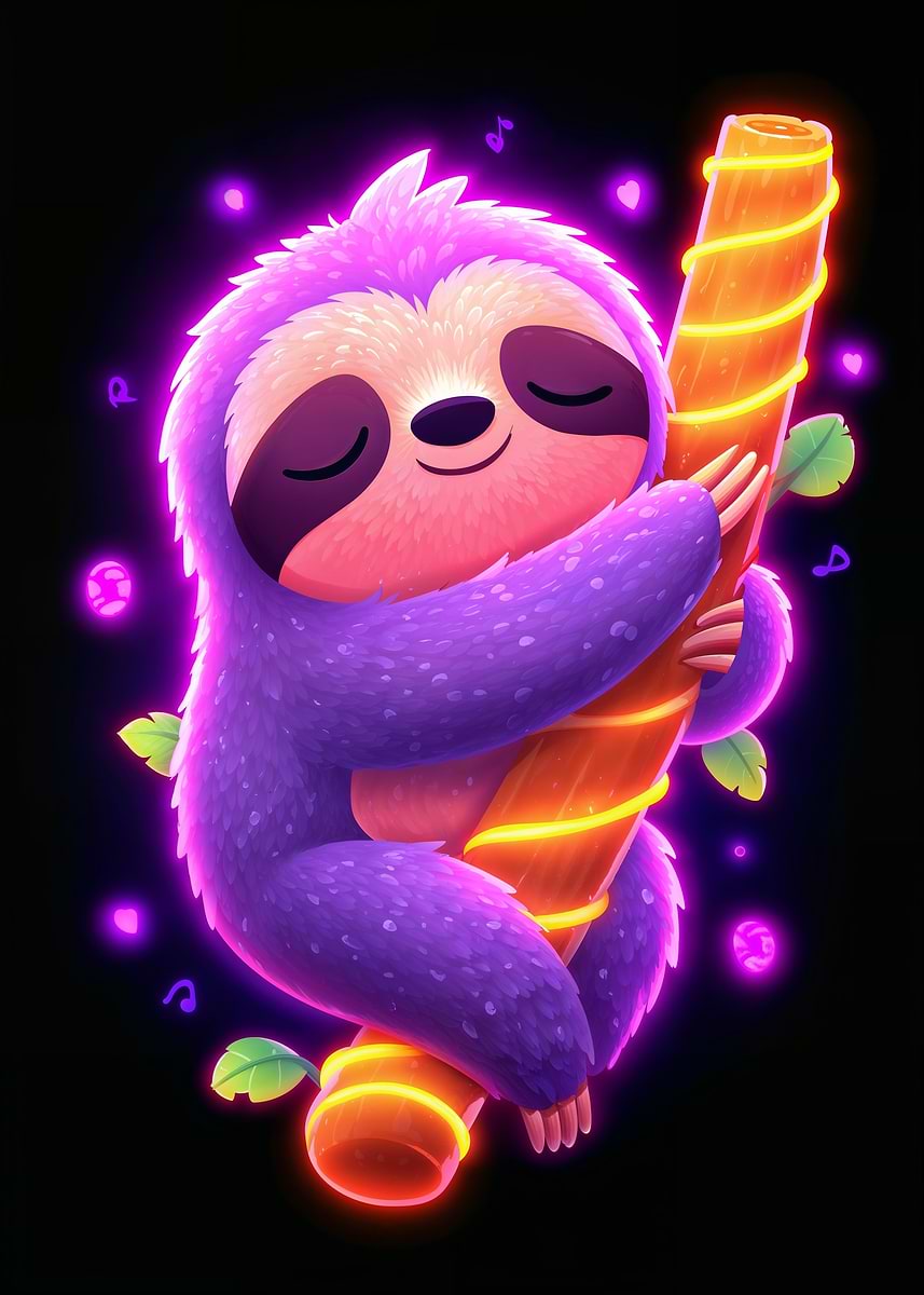 'Neon Sloth Hugging a Glowing Branch' Poster, picture, metal print ...