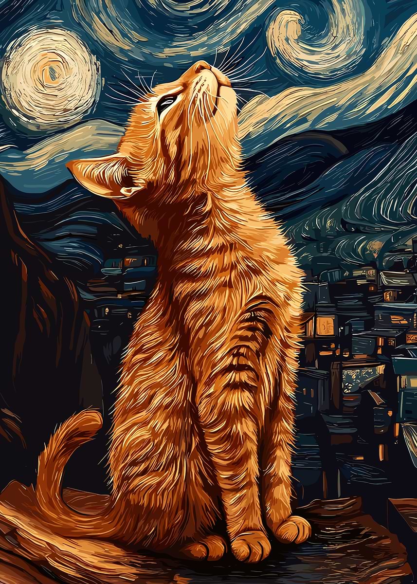'Cat Gazing at Starry Night' Poster, picture, metal print, paint by ...