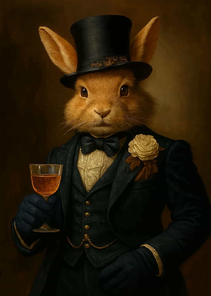 'Dapper Rabbit Portrait with Drink' Poster, picture, metal print, paint ...