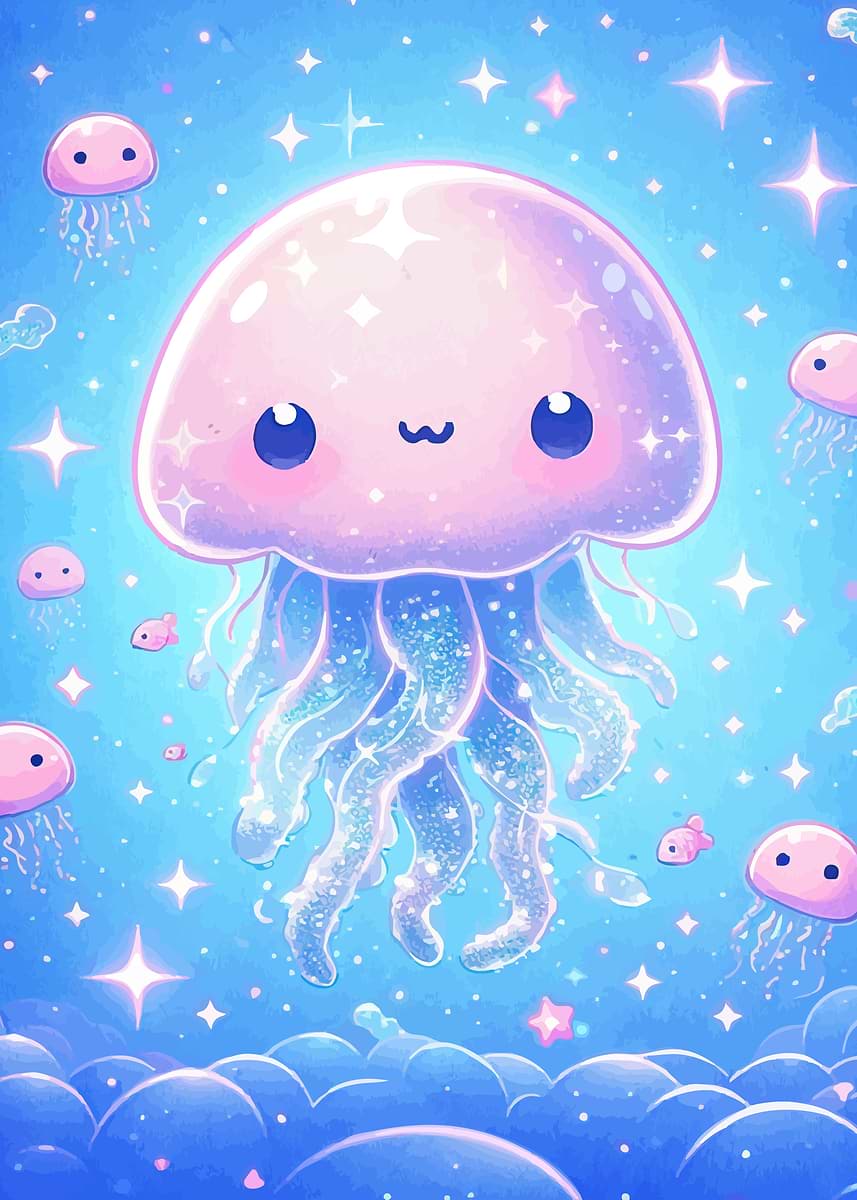 'Cute Jellyfish Cartoon Sea' Poster, picture, metal print, paint by ...