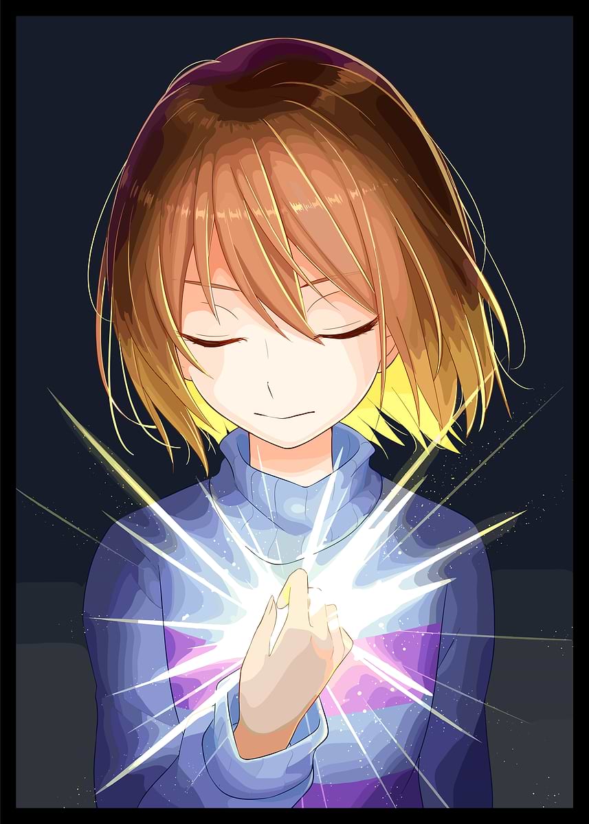 'Frisk from Undertale with glowing hand' Poster, picture, metal print ...