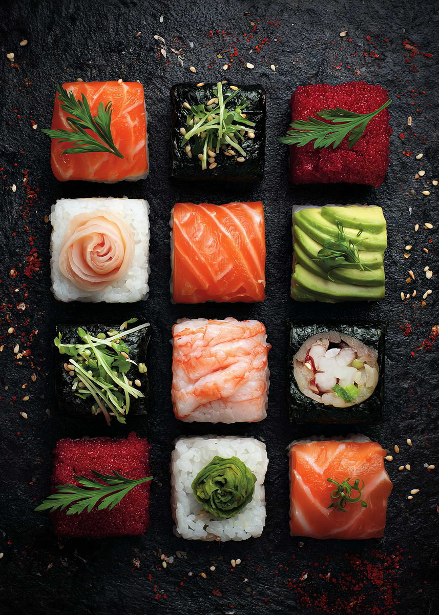 'Square Sushi Assortment on Dark Background' Poster, picture, metal ...