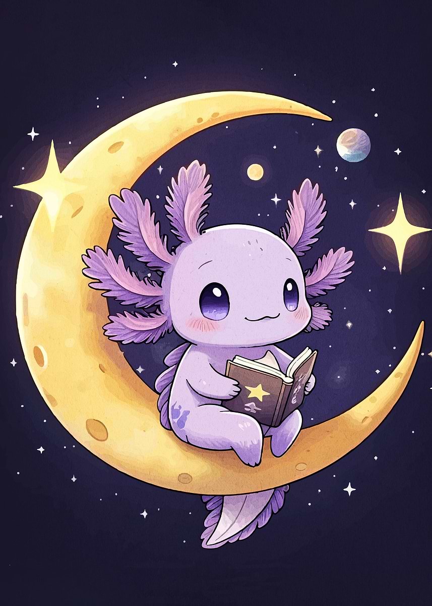 'Axolotl Reading on the Moon' Poster, picture, metal print, paint by ...