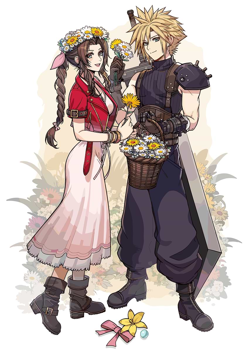 'Cloud and Aerith with Flowers' Poster, picture, metal print, paint by ...