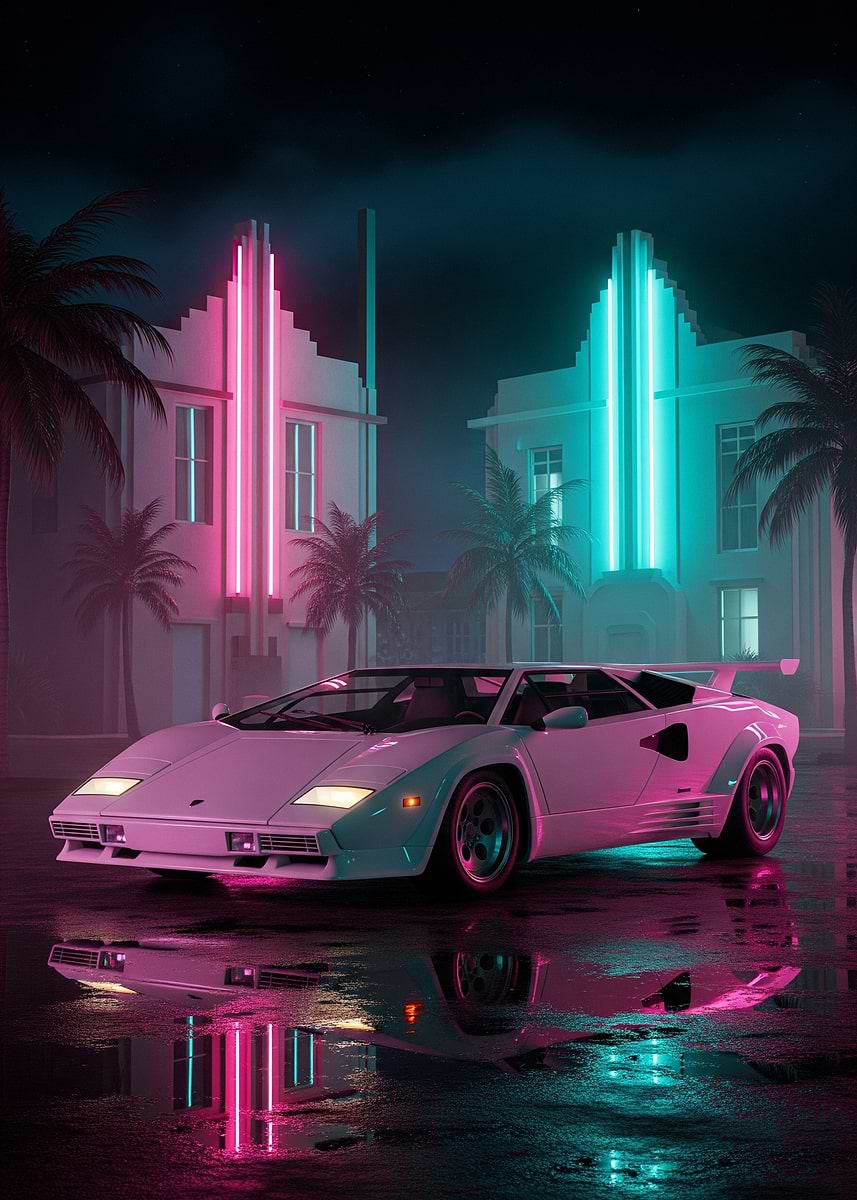 'Lamborghini Countach Neon Cityscape' Poster, picture, metal print ...