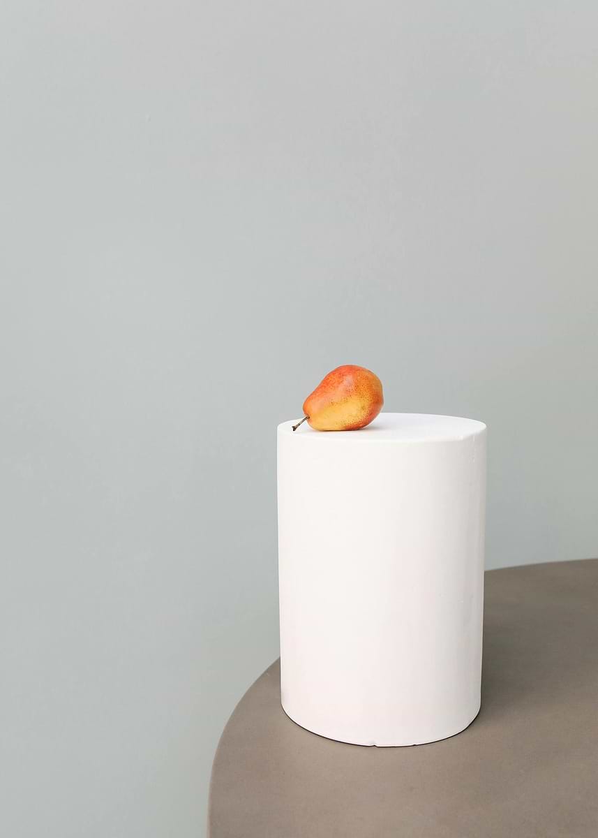 'Pear on White Cylinder Still Life' Poster, picture, metal print, paint ...
