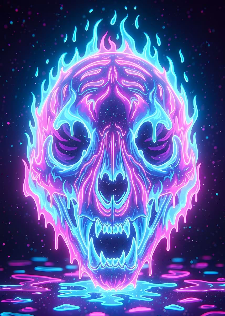 'Neon Tiger Skull with Flames Digital Art' Poster, picture, metal print ...