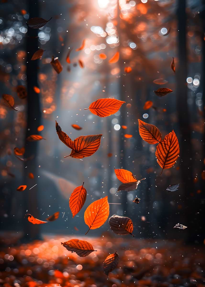 'Autumn Leaves Falling in Forest' Poster, picture, metal print, paint ...
