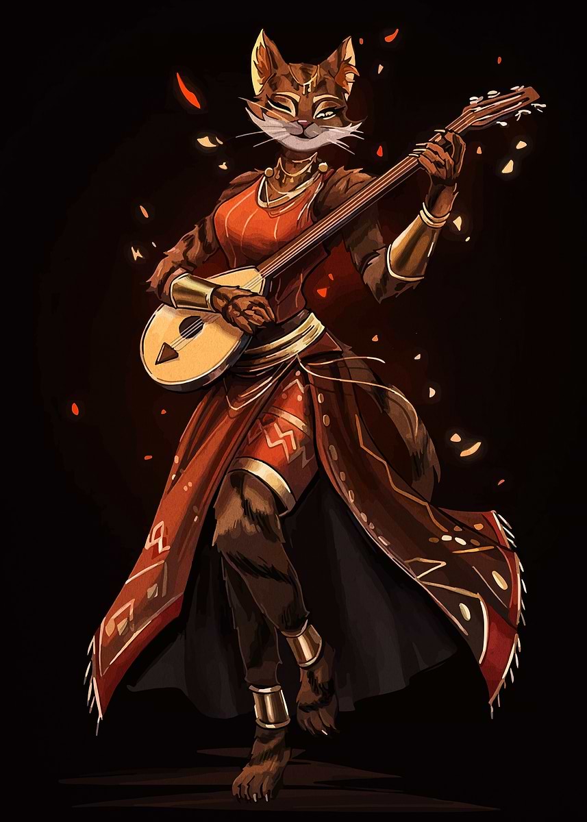 'Anthropomorphic Cat Bard Playing Lute' Poster, picture, metal print ...
