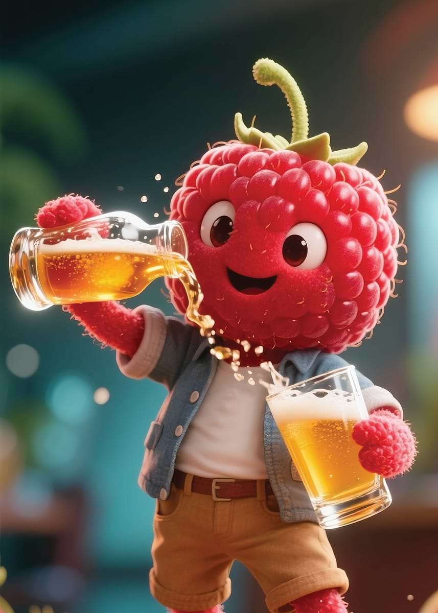 'Raspberry Character Pouring Beer' Poster, picture, metal print, paint ...