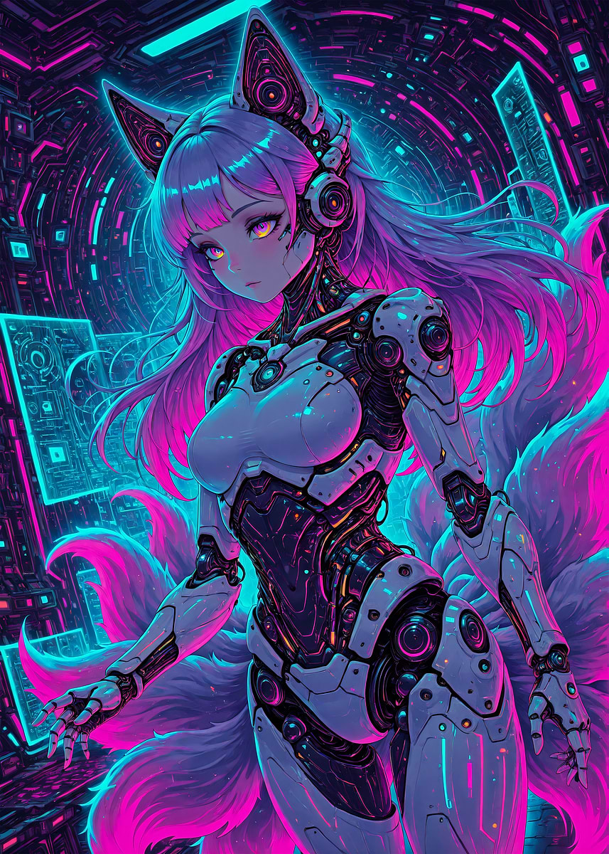 'Cyberpunk Style Anime Fox Girl Robot' Poster, picture, metal print ...