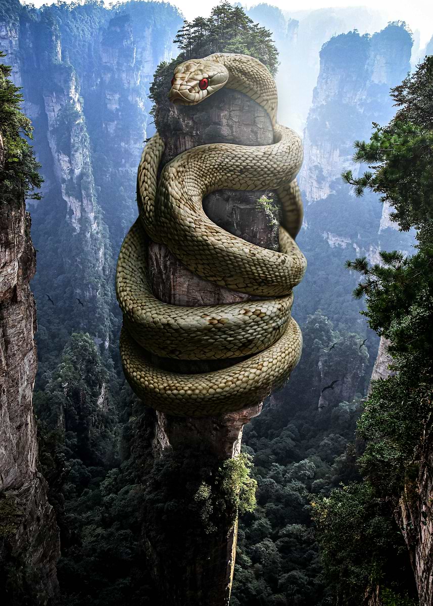 'Snake Coiled Around Stone Pillar' Poster, picture, metal print, paint ...