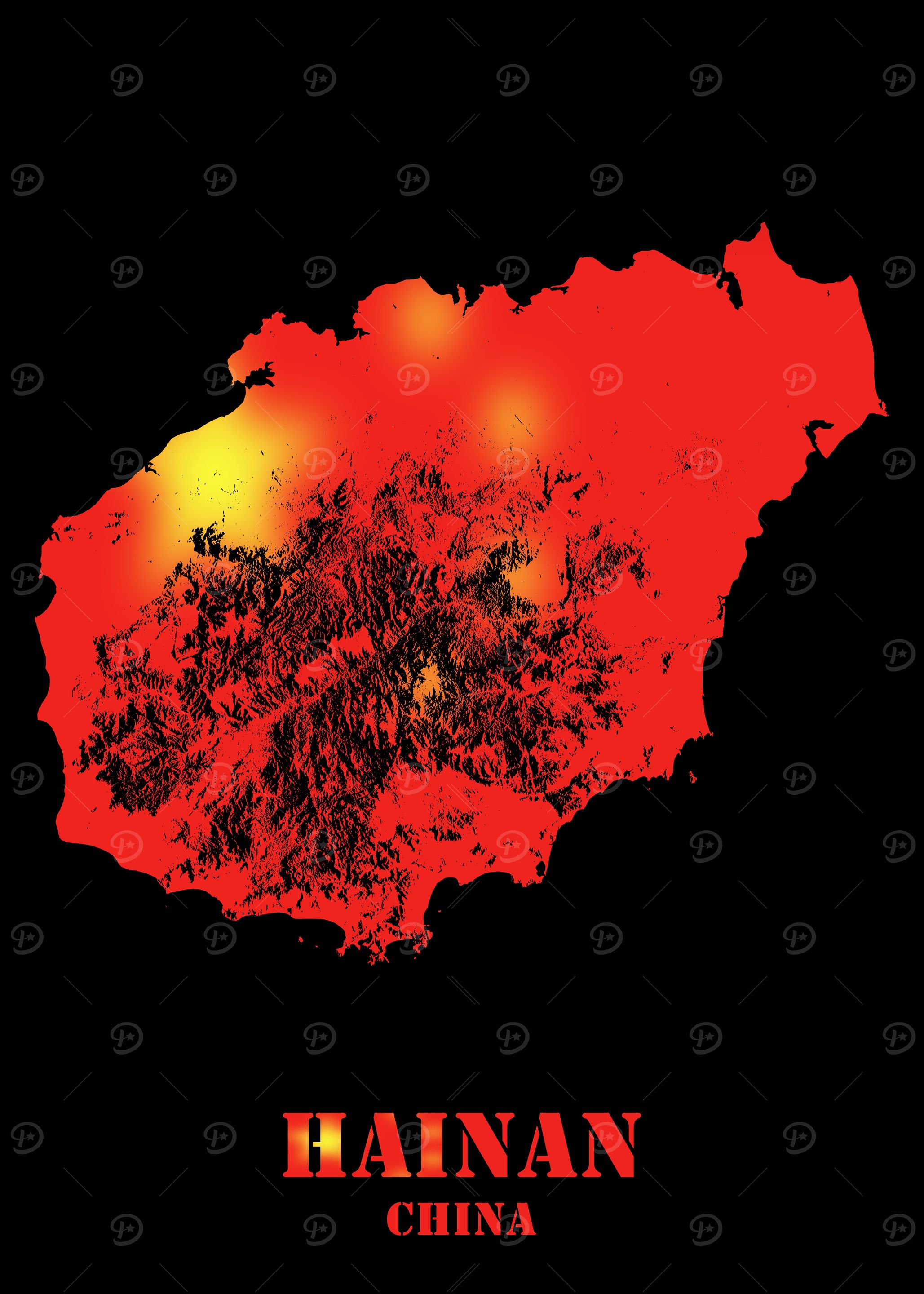 'Hainan China Topographic Contour Relief Map blending terrain features ...