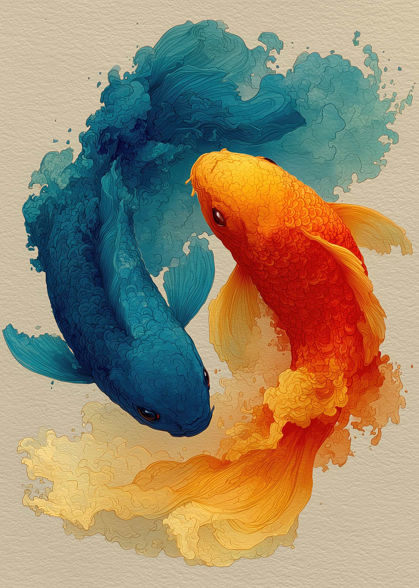 'Blue and Orange Koi Fish Illustration' Poster, picture, metal print ...