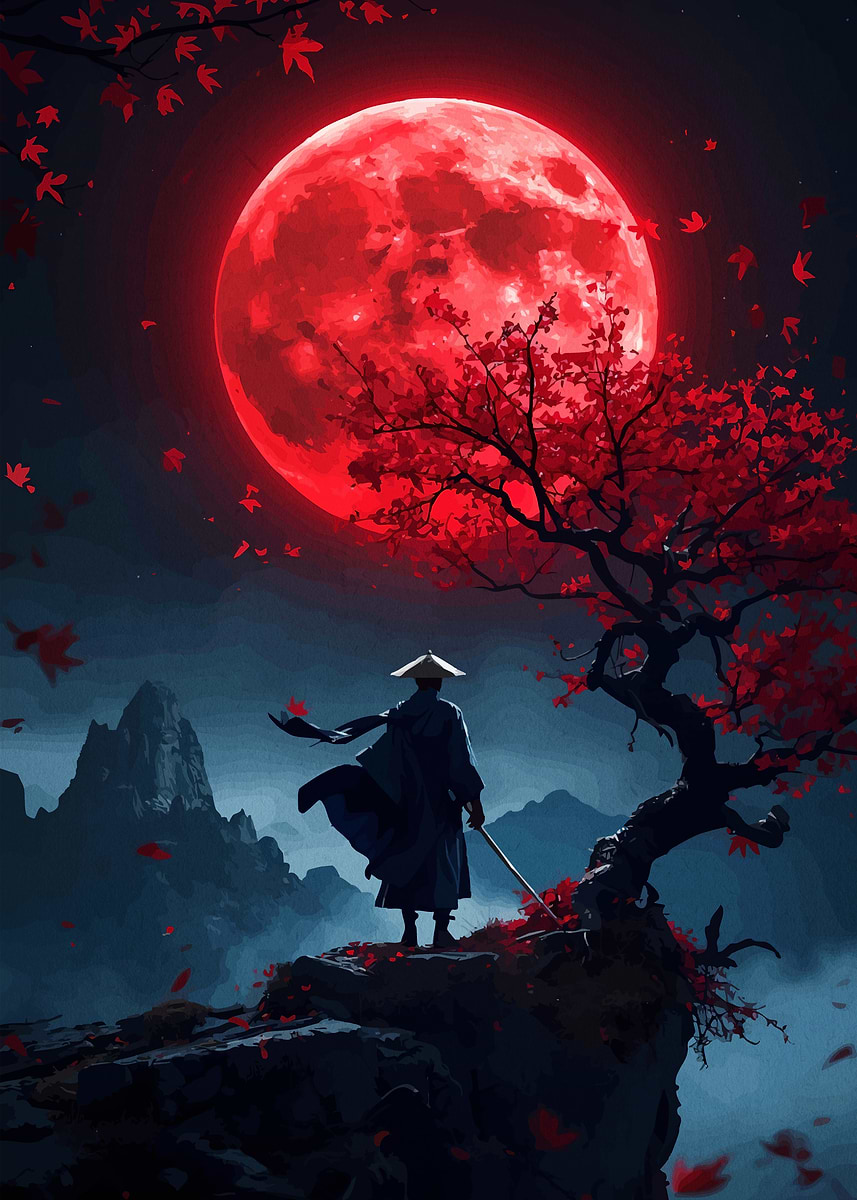 'Samurai Red Moon' Poster, picture, metal print, paint by Macie Bass ...