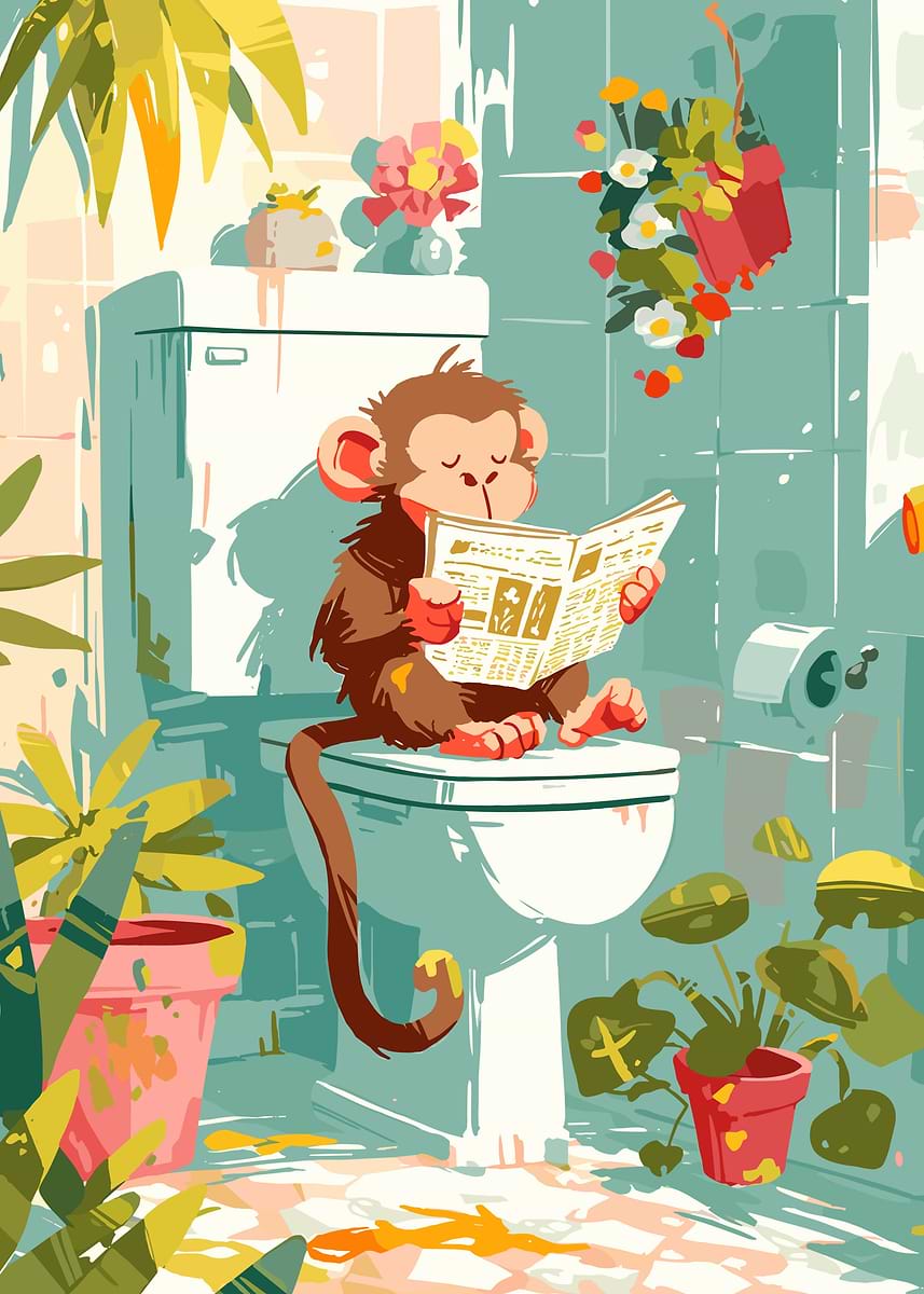 'Monkey Reading Newspaper on Toilet' Poster, picture, metal print ...