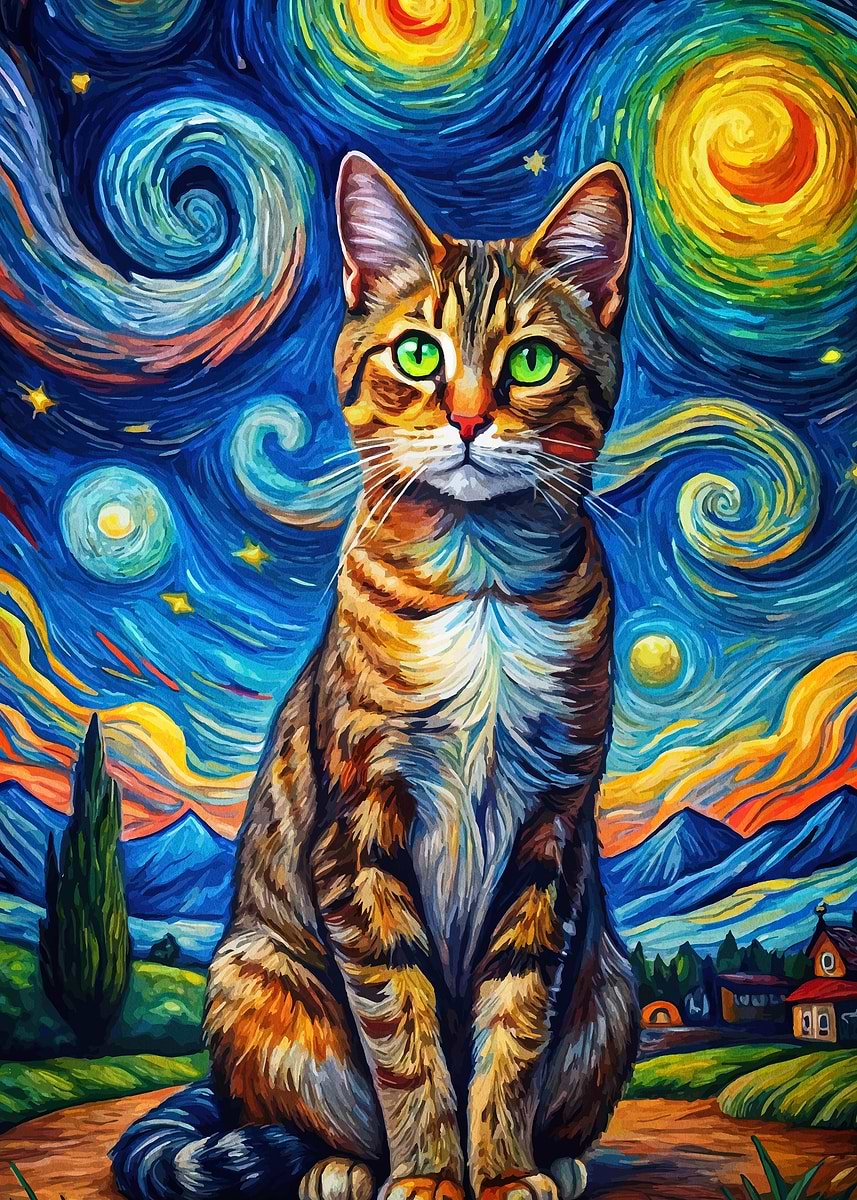 'Cat in Starry Night Style Painting' Poster, picture, metal print ...