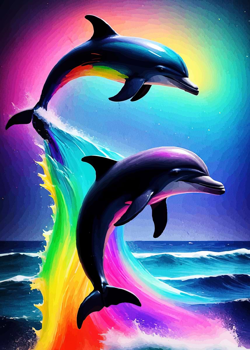'Rainbow Dolphins Leaping Sea' Poster, picture, metal print, paint by ...