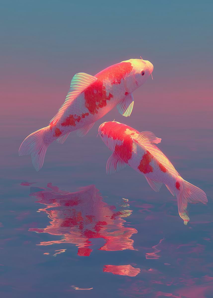 'Koi Fish in Pink and Blue Water' Poster, picture, metal print, paint ...