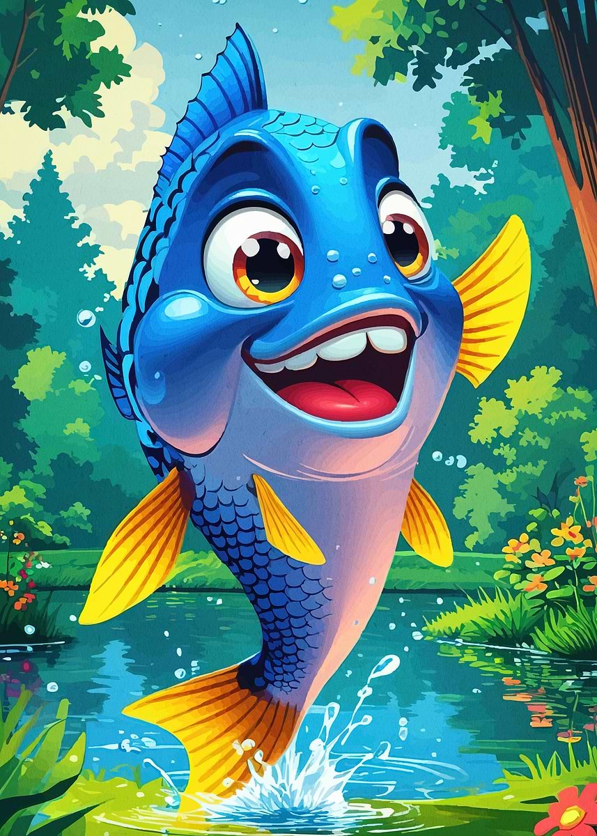 'Cartoon Fish Jumping Water' Poster, picture, metal print, paint by ...