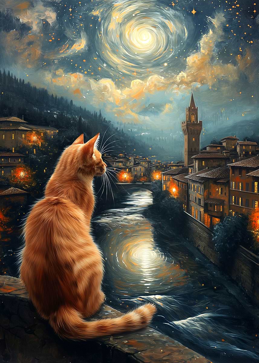 'Cat gazing at Florence night scene' Poster, picture, metal print ...