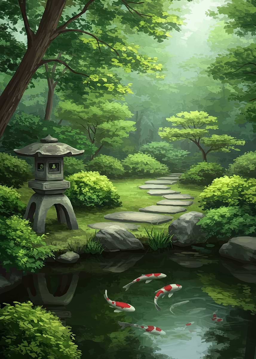 'Serene Japanese Garden with Koi Pond' Poster, picture, metal print ...