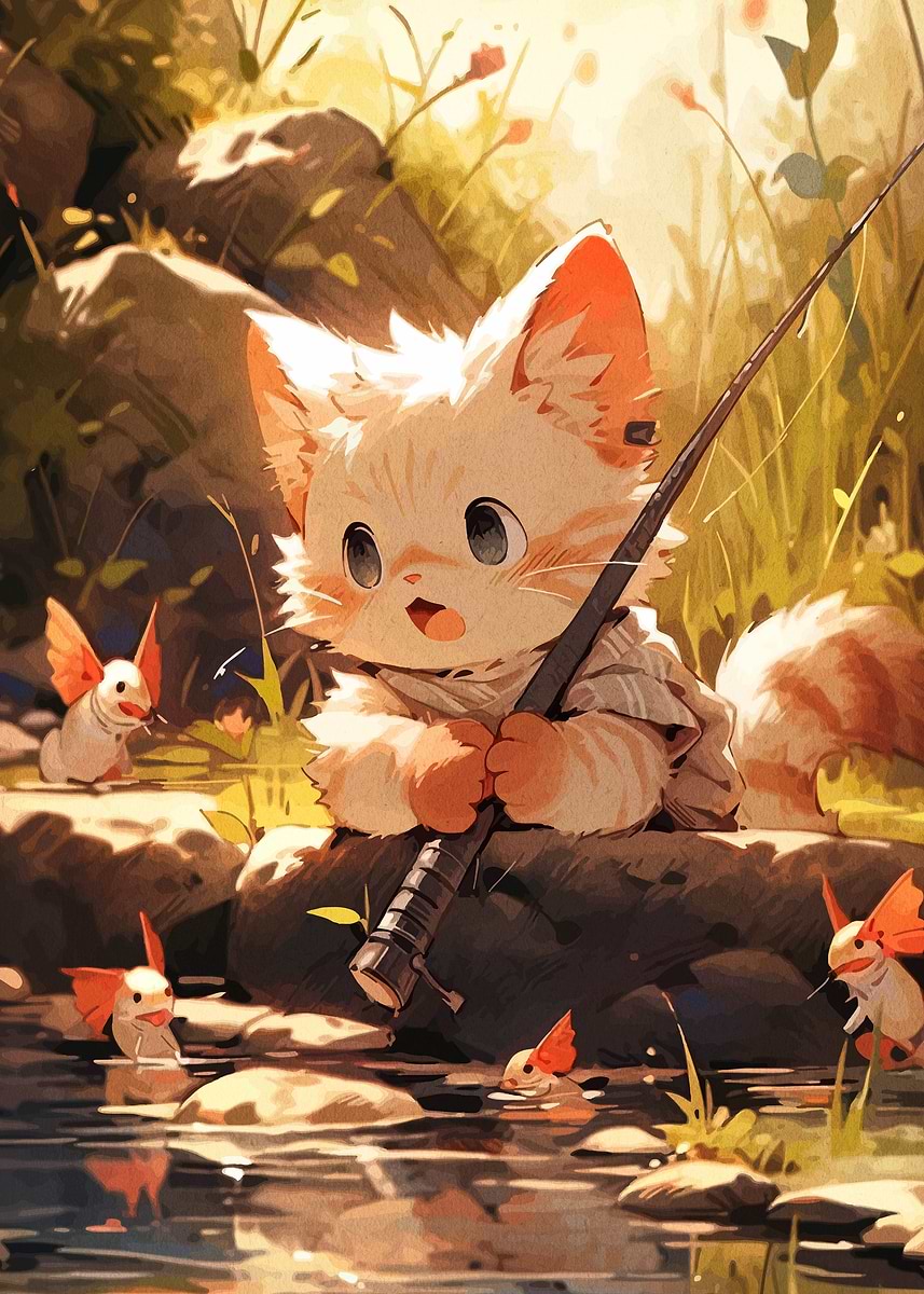 'Cute Cat Fishing with Winged Fish' Poster, picture, metal print, paint ...