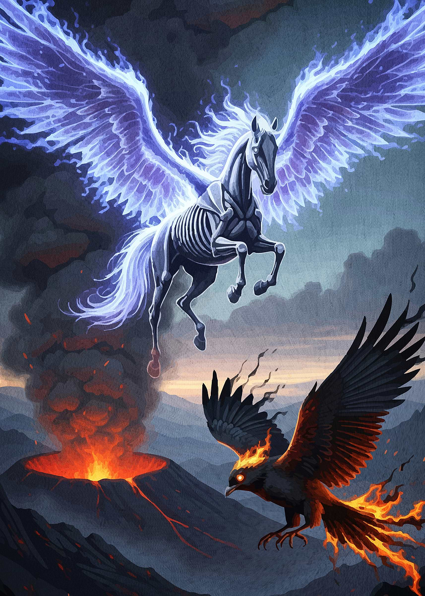 'Pegasus Phoenix Volcano' Poster, picture, metal print, paint by Nancie ...