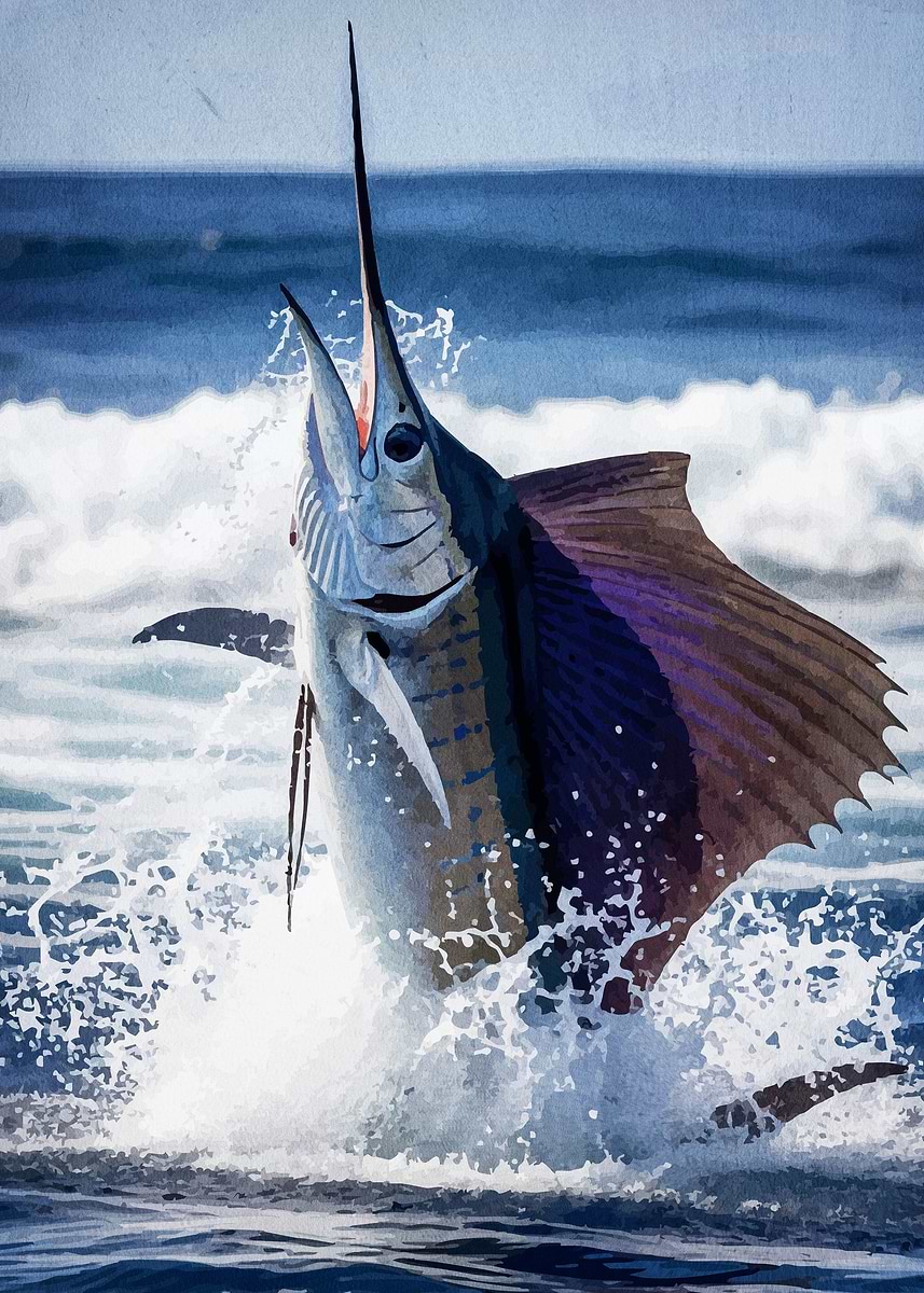 'Sailfish Leaping Ocean' Poster, picture, metal print, paint by Sylvie ...