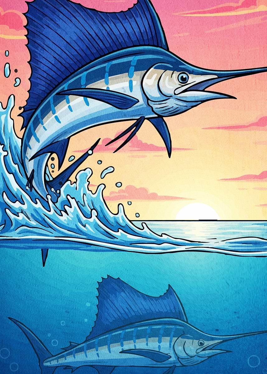 'Sailfish Leaping Sunset ' Poster, picture, metal print, paint by Miss ...