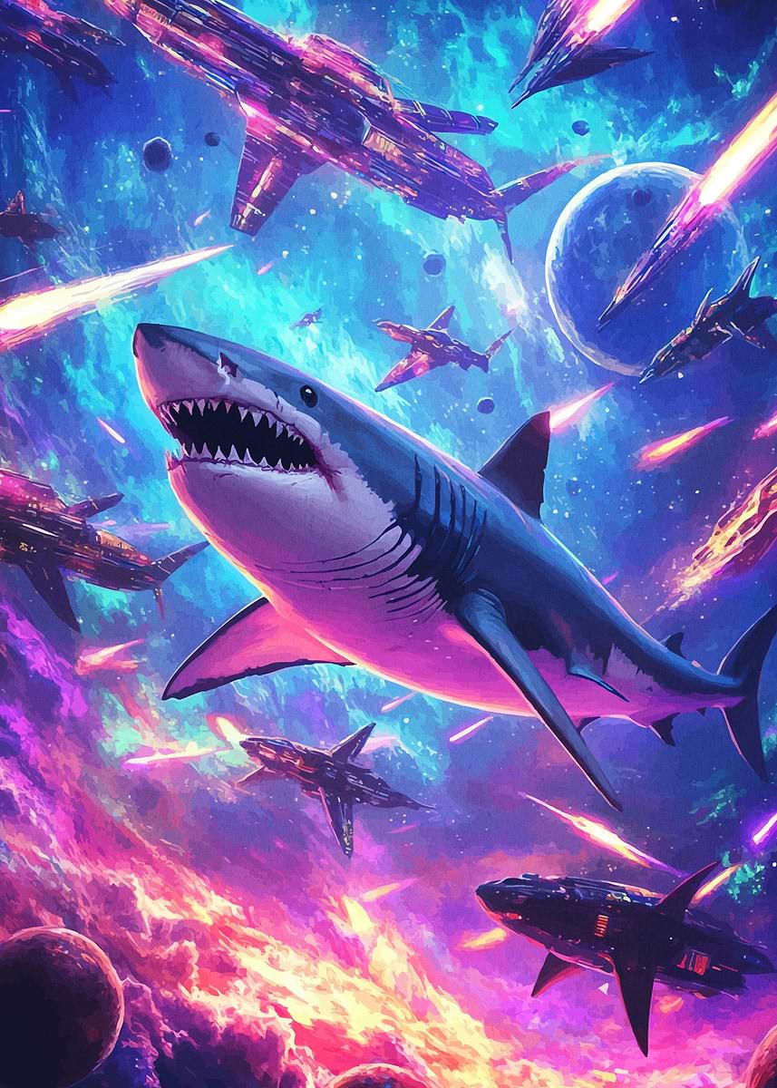 'Shark Space Spaceships' Poster, picture, metal print, paint by Crystal ...