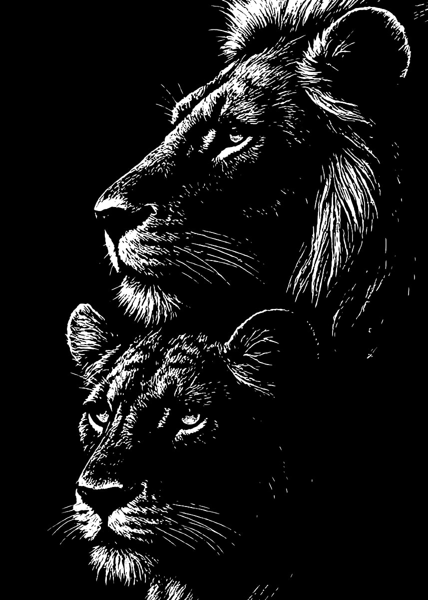 'Lion and Lioness Black and White' Poster, picture, metal print, paint ...