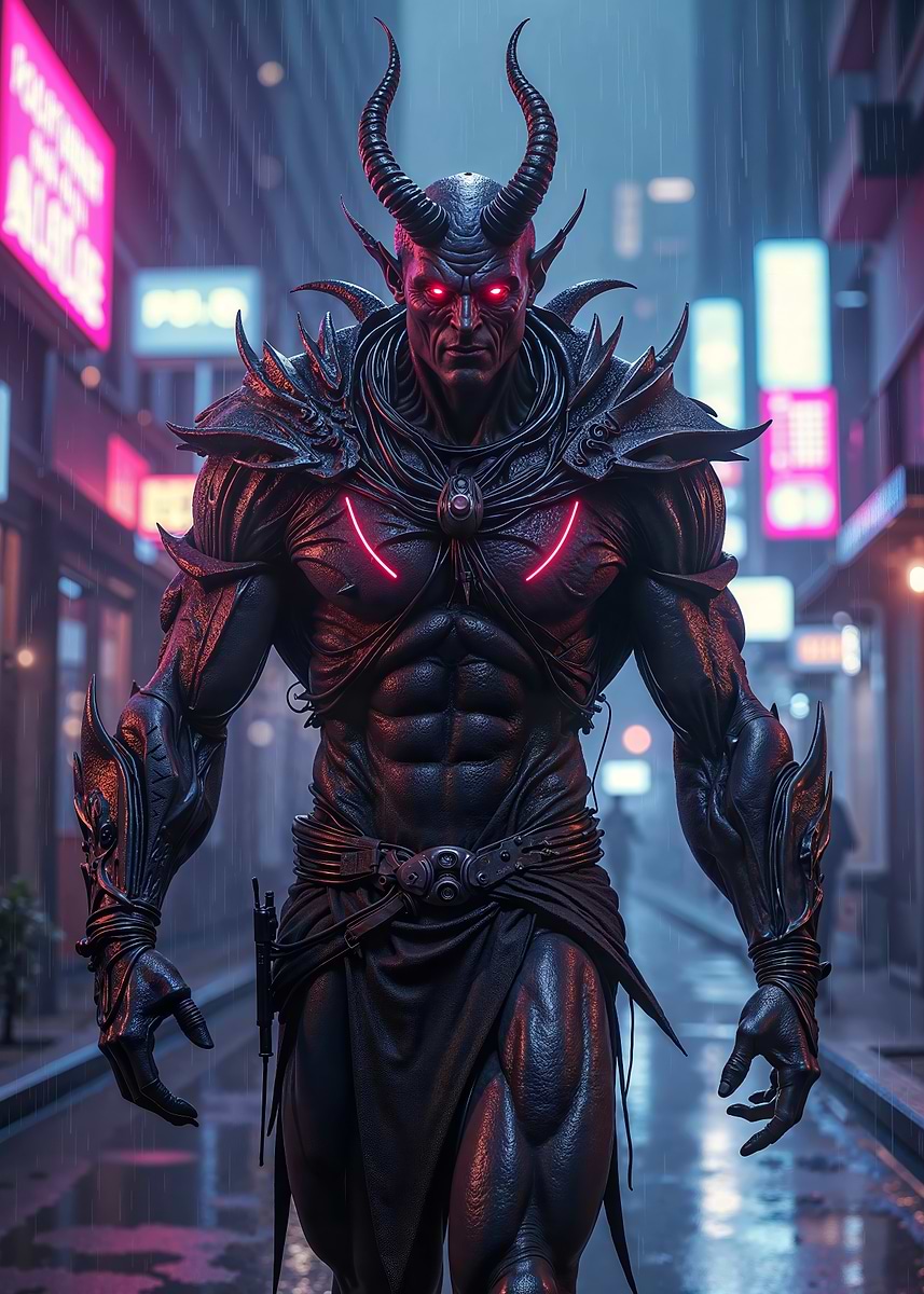'Cyberpunk Devil in Rainy Cityscape' Poster, picture, metal print ...