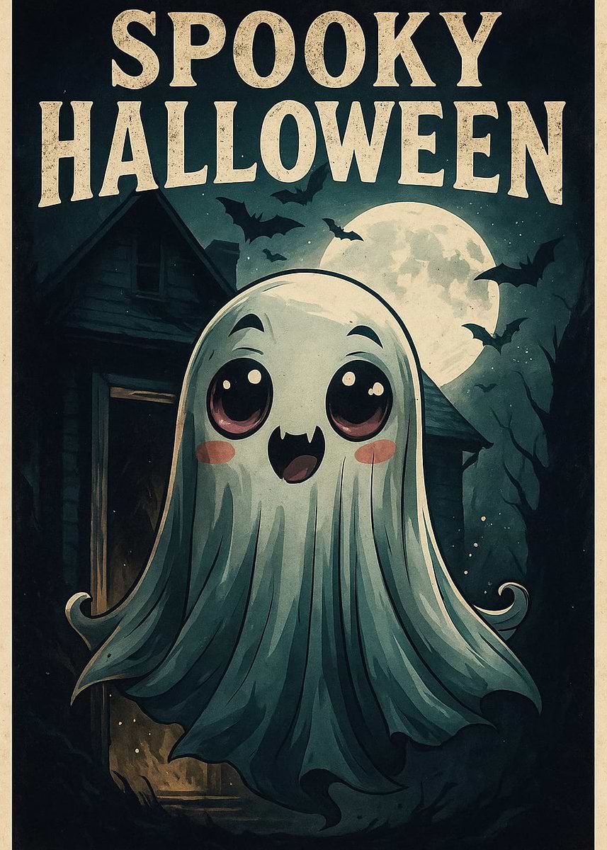 'Spooky Halloween Cute Ghost Illustration' Poster, picture, metal print ...