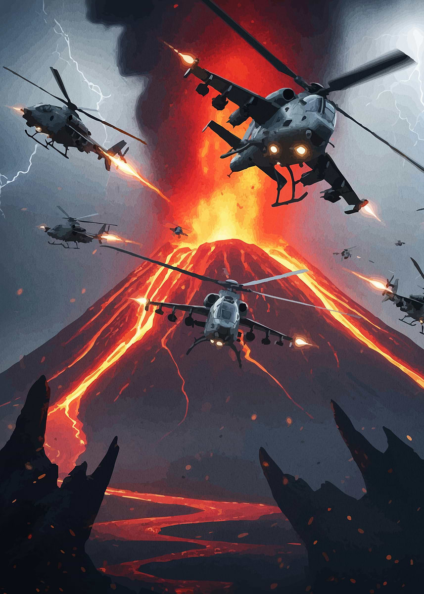 'Helicopters over erupting volcano' Poster, picture, metal print, paint ...