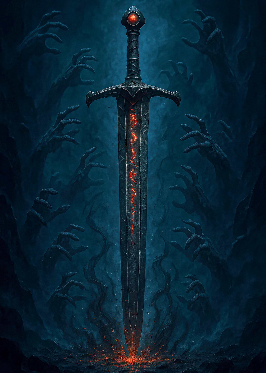 'Enchanted Sword in Dark Fantasy Setting' Poster, picture, metal print ...