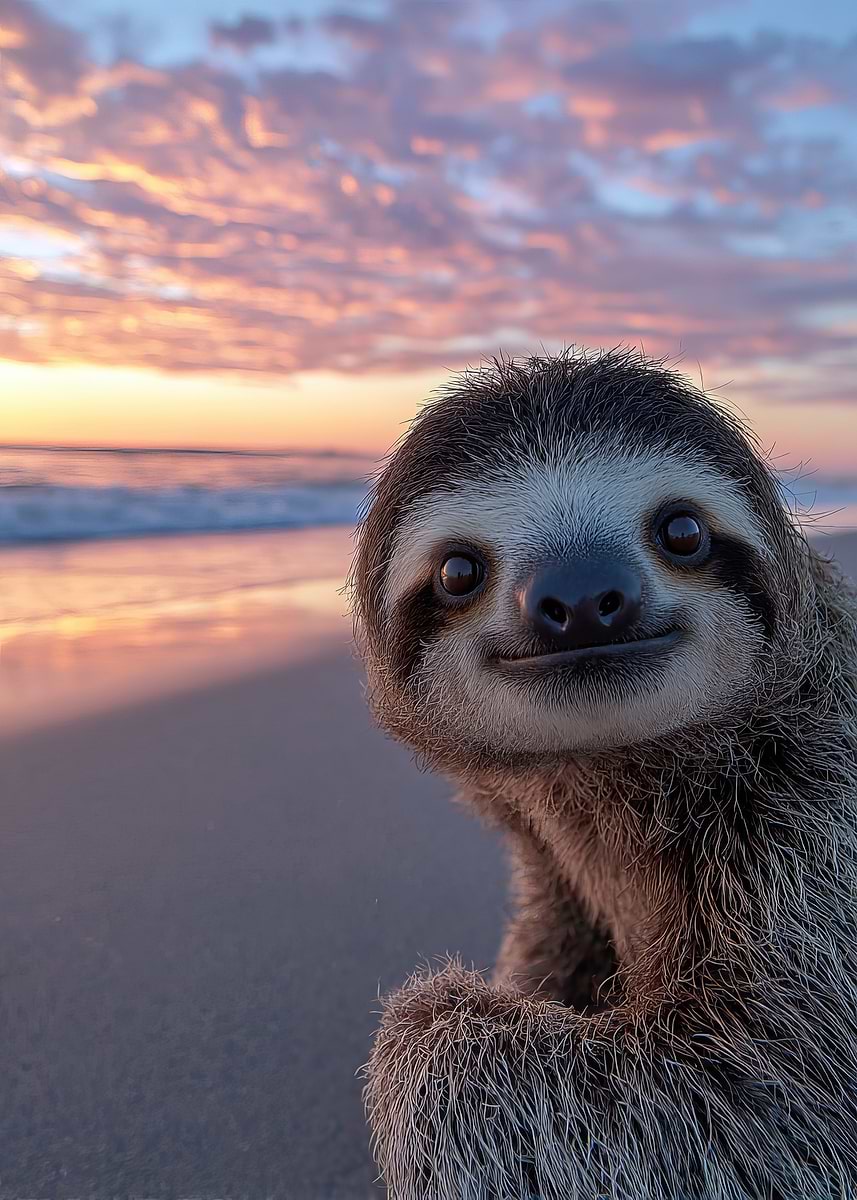 'Cute Sloth at Sunset Beach' Poster, picture, metal print, paint by ...
