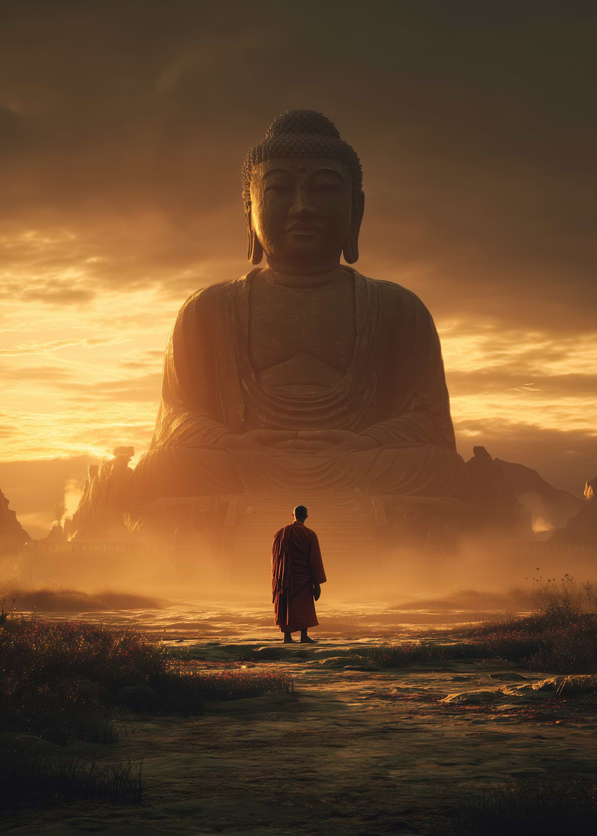 'Monk and Buddha Statue at Sunset' Poster, picture, metal print, paint ...