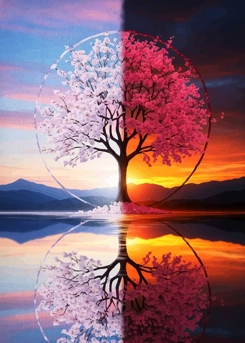 'Cherry Blossom Tree Reflection Painting' Poster, picture, metal print ...